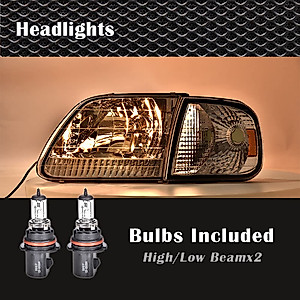 CNNELL Headlights Assembly Compatible with 1997 1998 1999 2000 2001 2002 Ford Expedition/2004 F150 Heritage/1998-2003 F150 Truck/1997 F150 Truck(C Clear lens Chrome Housing Amber Reflector)