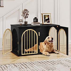 Hzuaneri 39.4'' Wooden Dog Crate Furniture TV Stand, Indoor Dog Kennel for Small/Medium/Large Dogs, End Side Table Dog Crates, Anti-Chew, Anti-Escape, Arched Door Design, Black Gold DFC84104A