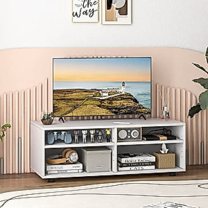 Tangkula White TV Stand for TV up to 40 Inch, Media Console Table with 4 Cubbies, 5 Positions Adjustable Shelves, TV Entertainment Center Wooden Storage Cabinet for Living Room (35.5", TVs up to 40")