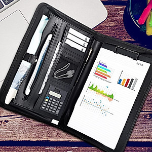 Eshow Leather Portfolio Professional Business Padfolio with Zipper - Interview Resume Notefolio Premium Legal Document Organizer with Card Holder, Writing Pad and File Folders for Men and Women