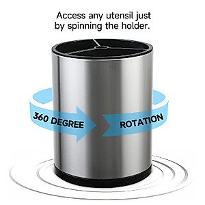 BIARTS 360° Rotating Utensil Organizer for Countertop Stainless Steel Rotating Cooking Utensil Caddy Utensil Holder for Kitchen Counter Metal Utensil Crock, Extra-Large, Round, 6.3" L x 6.3" W x 8" H