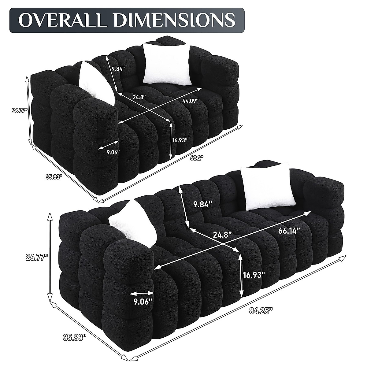 Wrofly 2 Piece Boucle Sofa Couch Set, Comfy Tufted 3 Seater and 2 Seater Love Seat Sofa for Living Room Apartment Office, Black