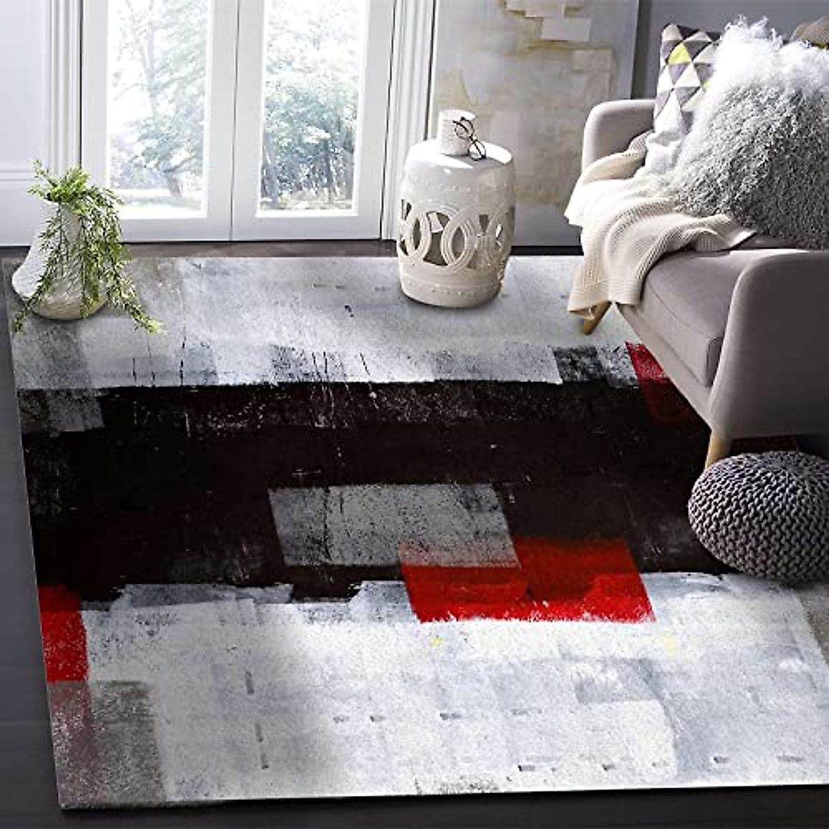 Red Black Geometric Abstract Pattern Area Rug, Modern European Retro Graffiti Large Washable Rugs, Indoor Non-Slip Rug for Room Sofa Living Room Mat Bedroom Home Decor Floor Mats-5x3.3ft