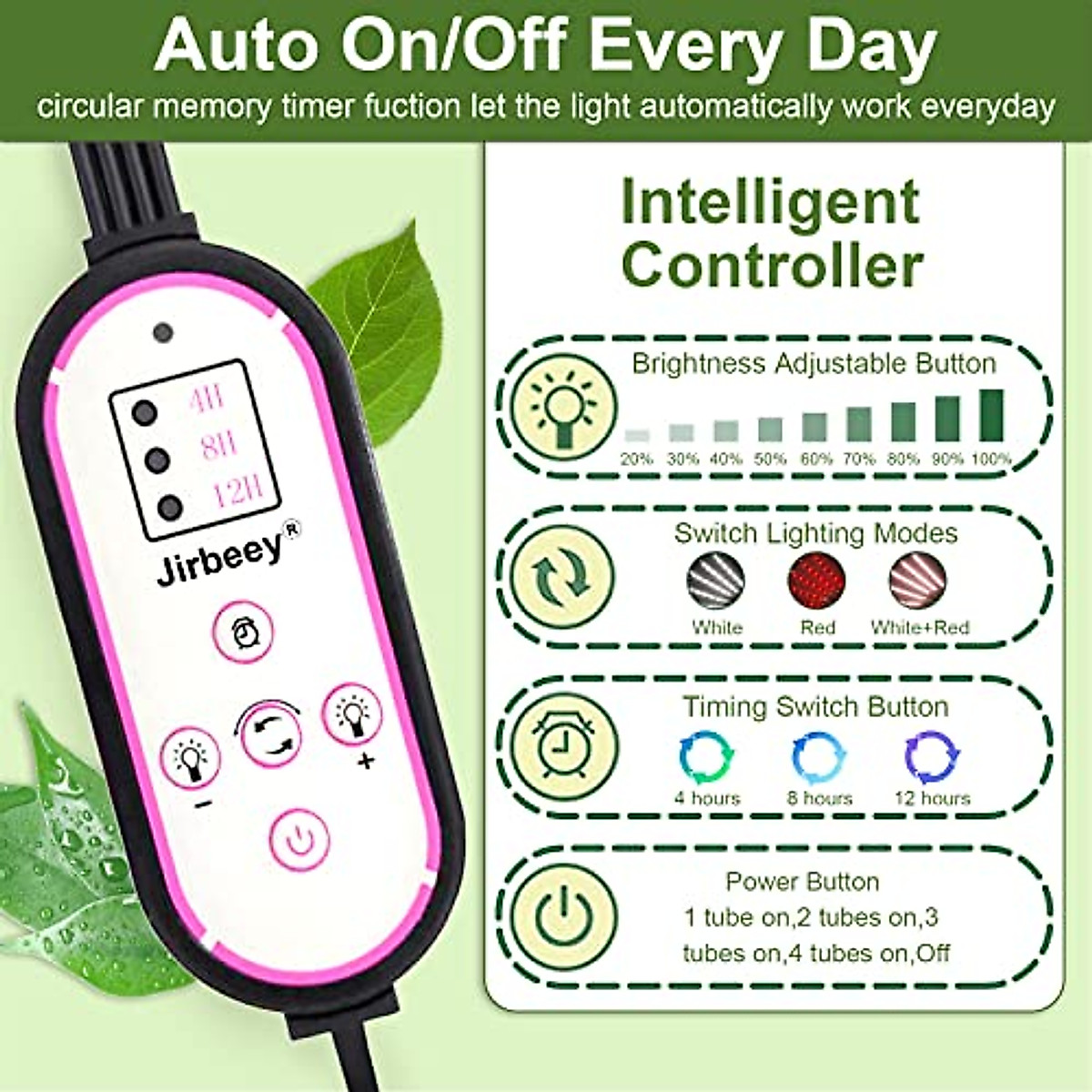 JIRBEEY Grow Lights with Stand for Indoor Plants Full Spectrum,80LEDs Plant Light with 25"-63" Adjustable Tripod, Dimmable Plant Growing Lamp with 4/8/12H Timer