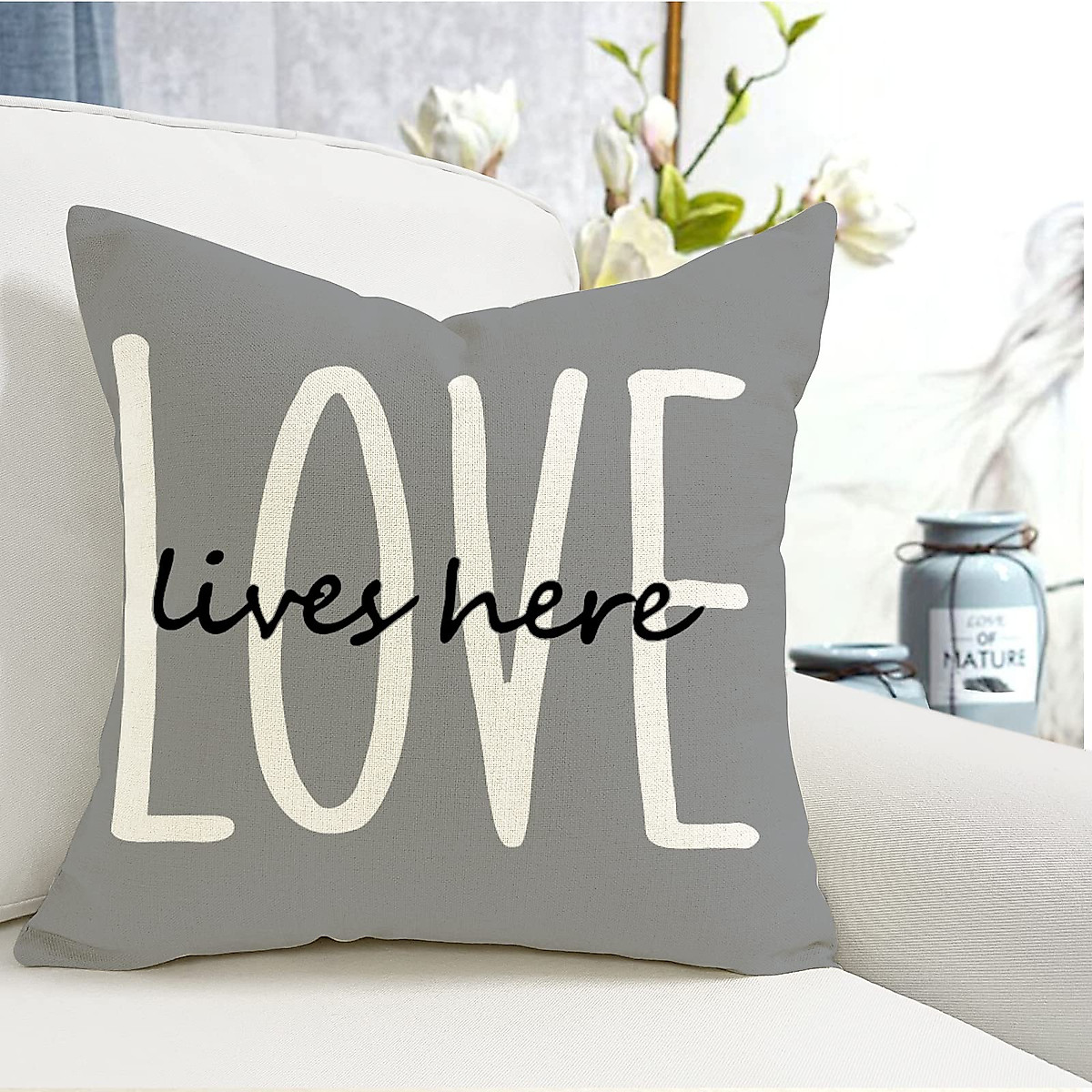 YCOLL Farmhouse Throw Pillow Covers 18x18 Set of 4 Rustic Linen Square Decorative Cushion Covers for Couch Sofa Bedroom Home Decor