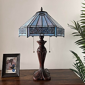 enjoy decor lamps Tiffany Table Lamp Blue Pink Stained Glass Hexagon LED Bulbs Included for Living Room Bedroom Bedside 16" W*16" D*24" H