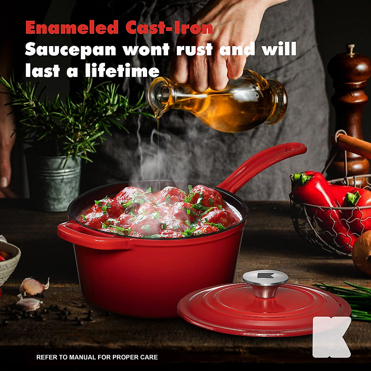 Enameled Cast Iron Saucepan Set for Professional & Home Use - 2.4 Quart - Heavy Duty Non-Stick Saucepan with Lid for Induction Gas Stoves & All Cooktops (Red)