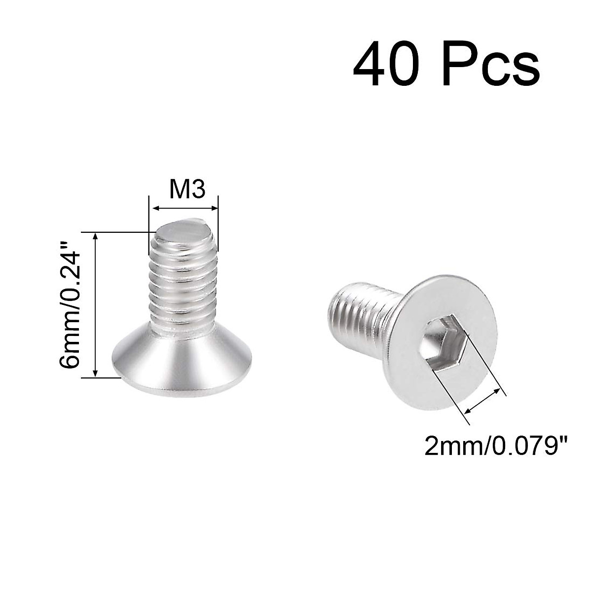uxcell M3x6mm Flat Head Machine Screws Inner Hex Screw 304 Stainless Steel Fasteners Bolts 40Pcs