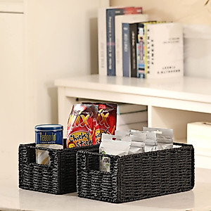 Vagusicc Storage Basket, Hand-Woven Paper Rope Wicker Baskets, Foldable Storage Bins, Large and Small Wicker Storage Square Baskets for Shelves Organizing & Decor, Black
