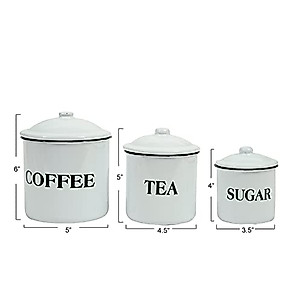 Creative Co-Op Farmhouse Enameled Metal Containers with "Coffee", "Tea", and "Sugar" Messages, White and Black, Set of 3 Sizes