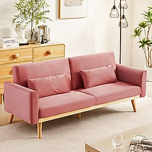 Lamerge Velvet Sleeper Couch with Pillows and Wooden Frame, Upholstered Modern Folding Futon Sofa Bed, Lounge Memory Foam Convertible Loveseat for Living Room, Home & Office (Pink)