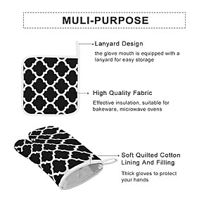 4PCS Oven Mitts Glove Kitchen Heat Resistant Pot Holders Set Black White Moroccan Quatrefoil Pattern Kitchen Microwave Oven Gloves Mitts Anti-Scald Baking Cooking Gloves