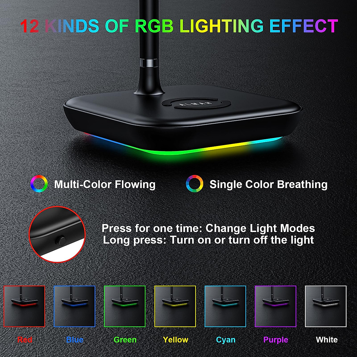 ALMAH RGB Gaming Headphone Headset Stand for Desk, PC Gaming Accessories, Headphone Headset Holder with 1 USB Charging Port, Suitable for All Earphone Accessories as Boyfriend, Son, Husband Gifts