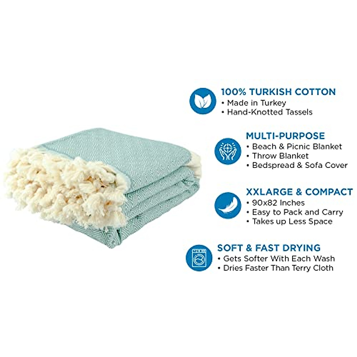 DEMMEX 90x82 Inches XXXL Turkish Cotton Multipurpose Blanket, Throw Blanket Bedspread, Beach Picnic Blanket, 100% Turkish Cotton, Diamond Weave, Made in Turkey, 3lb (Sage)