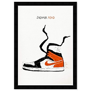Wynwood Studio Basketball Sneakers Wall Art Street Style Home Décor Framed Poster Print Painting 'Sneaker Head Drawing' in Black, Red Swoosh Jordans