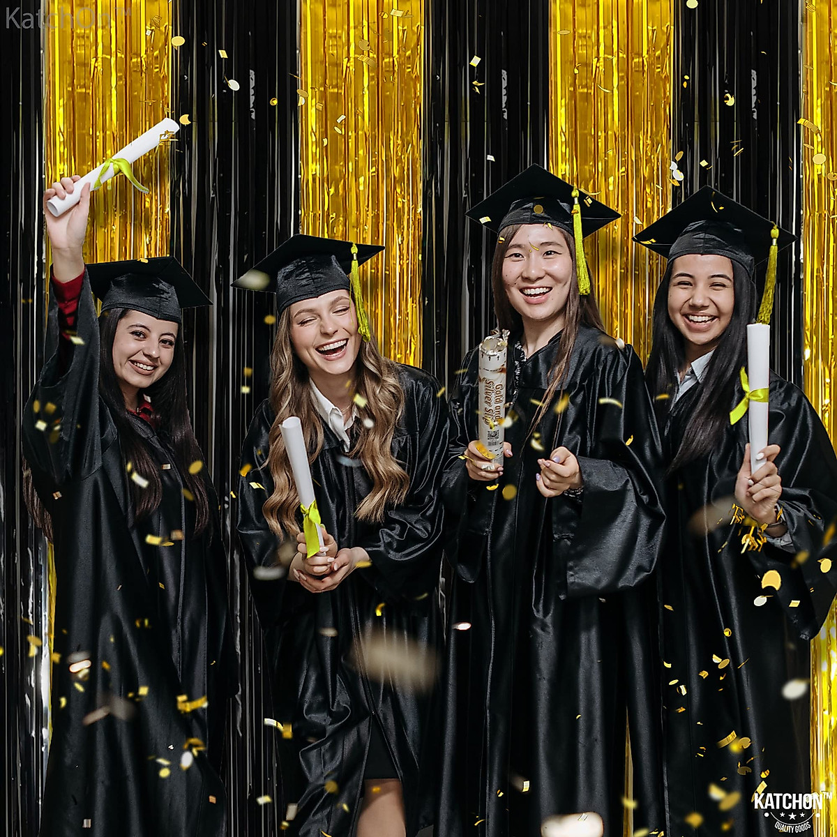 KatchOn, Xtralarge Black and Gold Streamers - 8x3.2 Feet, Pack of 2 | Black and Gold Fringe Curtain for Black and Gold Party Decorations | Black and Gold Backdrop, Graduation Decorations 2024