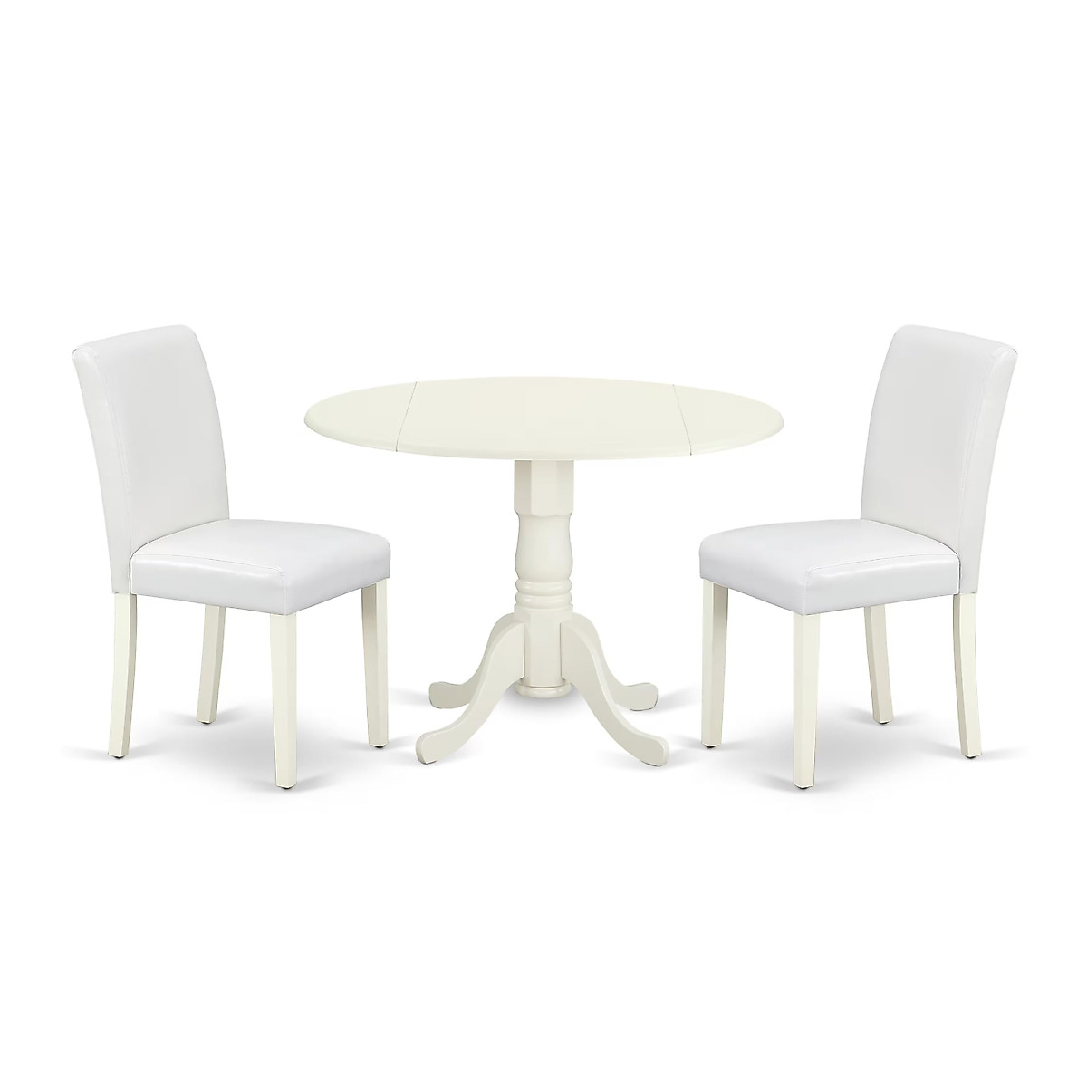 East West Furniture DLAB3-LWH-64 3 Piece Dinette Set for Small Spaces Contains a Round Dining Table with Dropleaf and 2 White Faux Leather Parson Dining Chairs, 42x42 Inch, Linen White