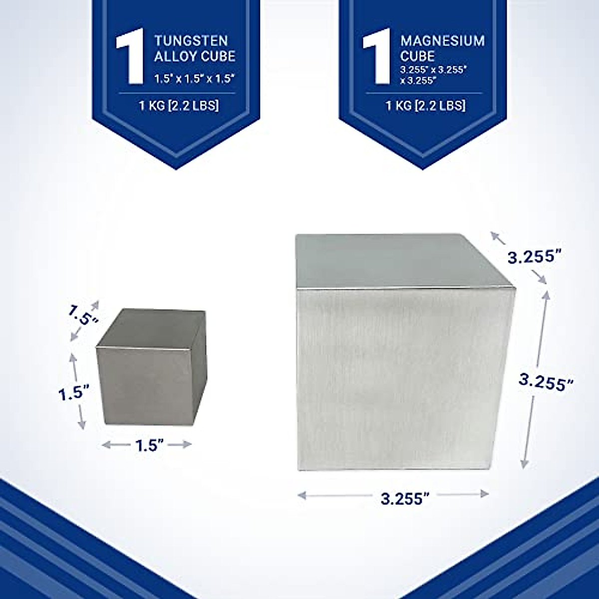 Kilo Tungsten and Magnesium Cube Set (1.5" W Cube and 3.255 Mg Cube)