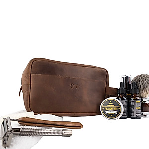 Saddle & Hide Co., Toiletry Bag with Handle Handmade from Full Grain Leather, Hygiene Organizer, Travel Dopp, Bathroom, Shaving, Storage, Travel & Grooming Essentials :: Bourbon Brown