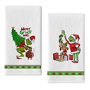 Seliem Merry Christmas Decorative Kitchen Dish Towel, Funny Red Green Xmas Tree Dog Bath Fingertip Towel Tea Bar Hand Drying Cloth, Winter Holiday Puppy Farmhouse Decor Home Decorations 18 x 26 Inch