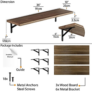 Wallniture Forme 36 inch Long x10 in Deep Rustic Floating Shelves for Wall Storage, Wall Bookshelf Living Room, Wall Shelves for Kitchen, Pantry Shelf Wood Set of 3, Burnt