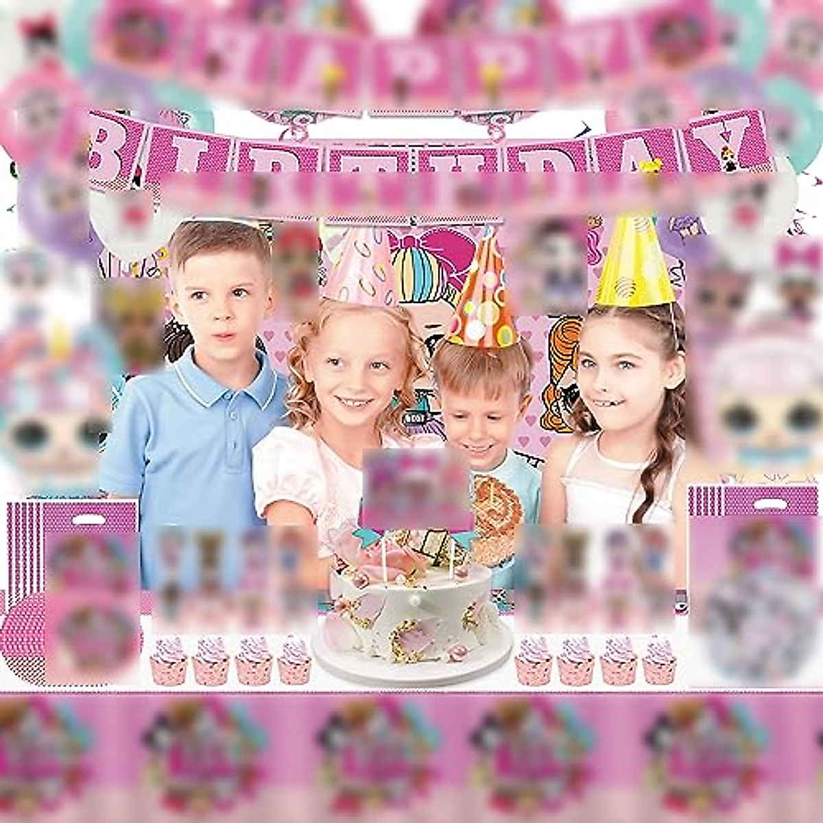 Pink Dolls Birthday Supplies Party Decorations, Pink Girls Theme Birthday Kit Include Banner, Tablecloth, Balloons, Plates, Stickers, Foil Balloons, Gift Bag, Hanging Swirls, Backdrop, Cake & Cupcake Toppers, Cartoon Birthday Gift for Kids