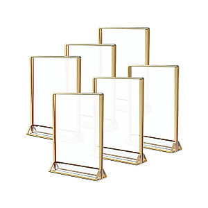 Acrylic Sign Holder 5x7, Wedding Table Numbers, Gold Picture Frame, Sign Holders, 5" x 7", 6 Pack, 2 Sided Frames, Lucite, Menu Holder Display, Vertical Photo Stand for Centerpieces, Card, Flyer, Art