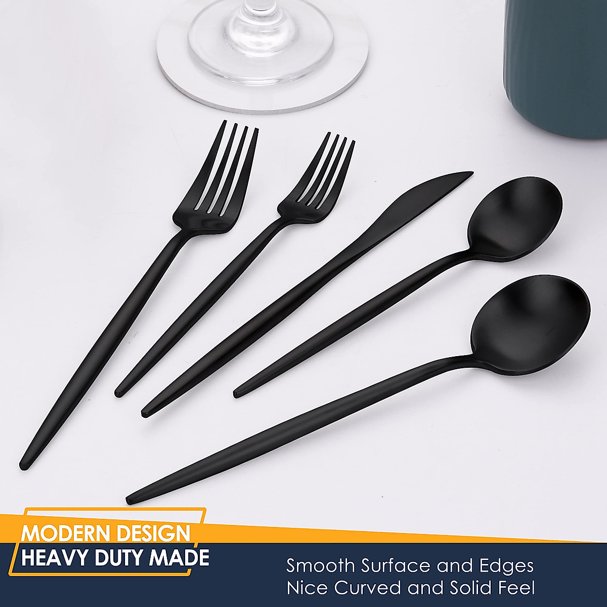 Stapava 48-Piece Matte Black Silverware Set with Steak Knives, Stainless Steel Flatware Set for 8, Satin Finish Tableware Cutlery, Utensil Sets for Home Restaurant Hotel, Dishwasher Safe