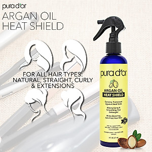 PURA D'OR 8 Oz Argan Oil Heat Shield Protectant Spray with Select Organic Ingredients, Protects Up To 450º F From Flat Iron & Hot Blow Dry, Leave-In, Define & Shine Dry & Damaged Hair