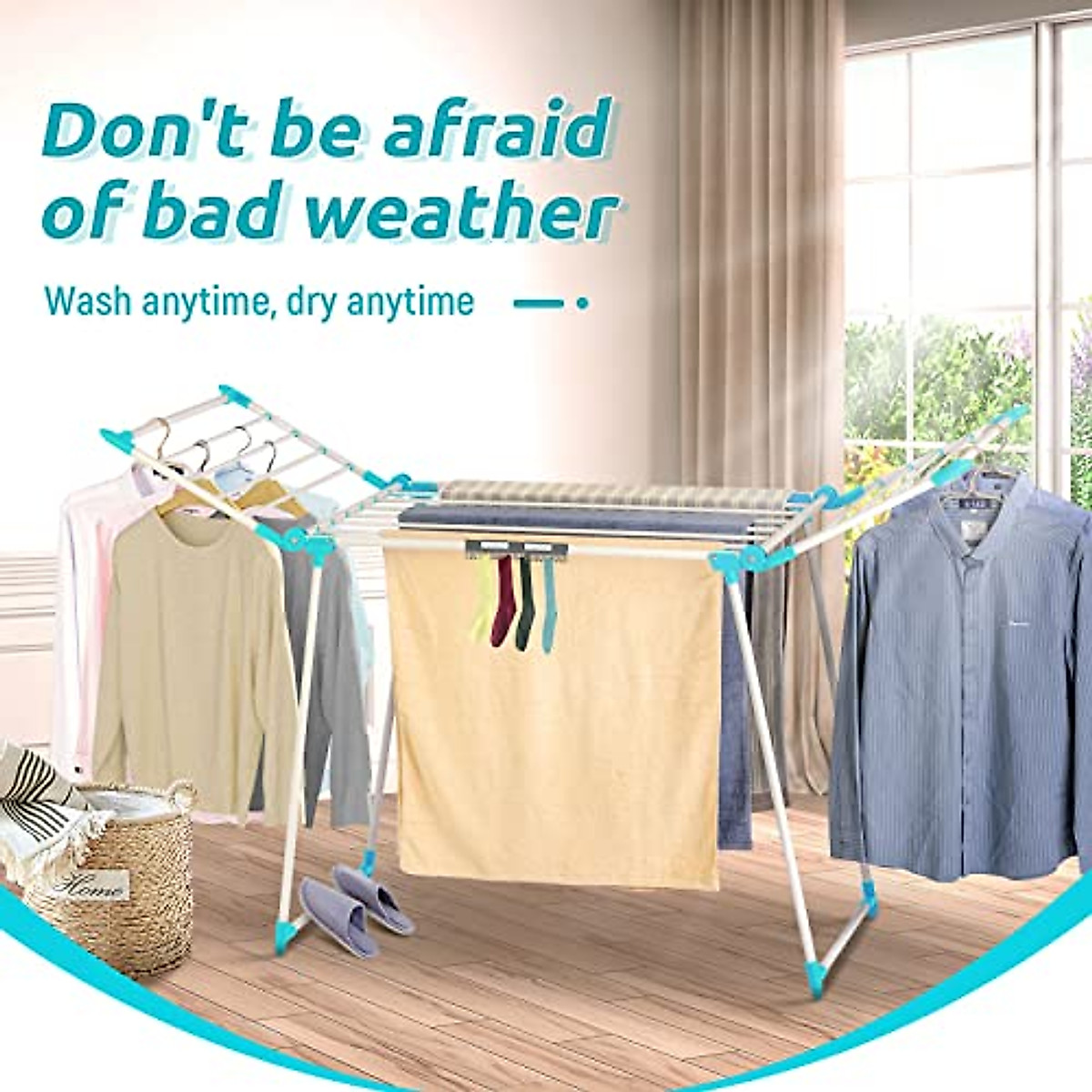 YUBELLES Clothes Drying Rack, Gullwing Laundry Rack, Collapsible, Space-Saving Laundry Rack, with Bonus Sock Clips, for Clothes, Towels, Linens, Indoor/Outdoor, Cyan