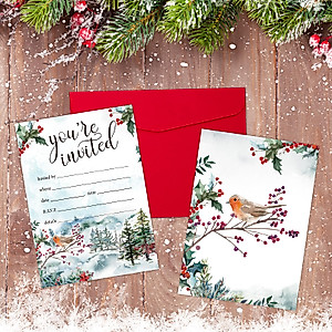 Whaline 25 Pack Christmas Party Invitation Cards Winter Woodland Robin Invitation Paper Cards with Dark Red Envelopes Xmas Holiday Watercolor Animals Party Invites