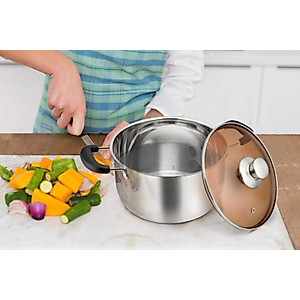 TeamFar Stock Pot 6 qt, Stainless Steel Stock Pasta Soup Pot with Lid, Double Bakelite Heat-Proof Handles & Tempered Glass Lid, Dishwasher Safe & Easy Cleanup, Non-Toxic & Healthy