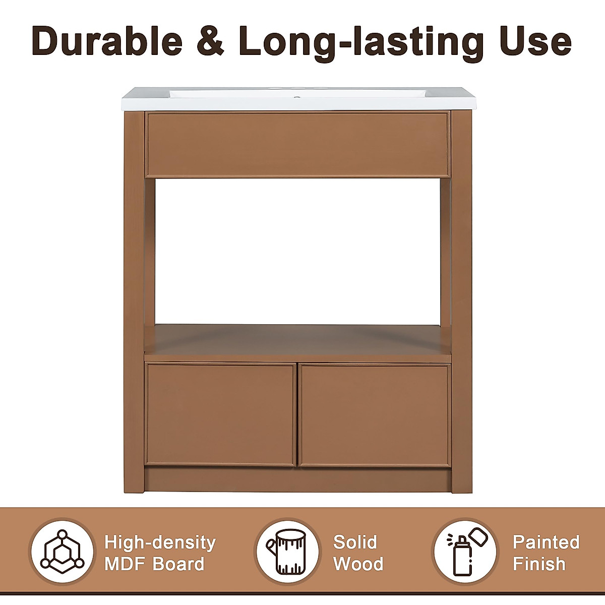 Lunanniu 30" Bathroom Vanity Without Sink, Freestanding Bathroom Vanity Cabinet No Sink 2 Drawer, Open Shelf Modern Design Brown