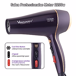 VAGARY 6690A Salon Pro Hair Dryer for Women,2200w Powerful AC Motor Fast Drying, Ionic Blow Dryer for Thick Hair,2 Speeds and 2 Heat Settings 1 Cool Shot Button(1 Diffuser and 1Concentrator)