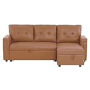 Perry Modern Sectional Sleeper Sofa with Pull Out Bed, Reversible Sleeper Sectional Sofa Bed, Best Sleeper Sofa Couch with 168L Storage, L-Shape Pull Out Couch Bed Sleeper Sofa - Caramel,Air Leather