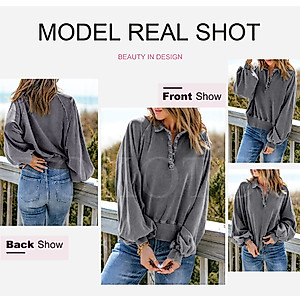 Dokotoo Womens Sweatshirts Winter 2023 Fall Tops Long Sleeve Lantern Sleeve Sweatshirts for Women Button Collar Crewneck Oversized Loose Fleece Pullovers Basic Casual Ladies Shirts Grey Medium