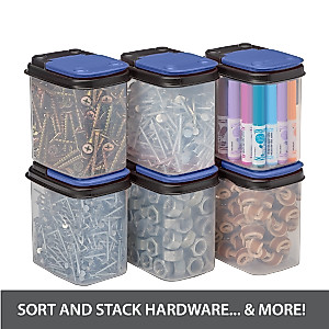 Multi-Purpose Hardware Storage Bins - Buddeez Bits and Bolts Small Storage Containers, Hardware Organizers, Clear Containers With Blue Stackable Lids, Bolt and Screw Organizer (1 Quart - 12 Pack)