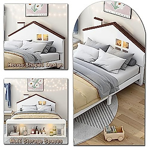 Harper & Bright Designs Full Bed Frames with House-Shaped Headboard, Wooden Kids Full Platform Bed Frame with LED Lights and Storage, Cute Single Full Led Bed for Girls Boys, White