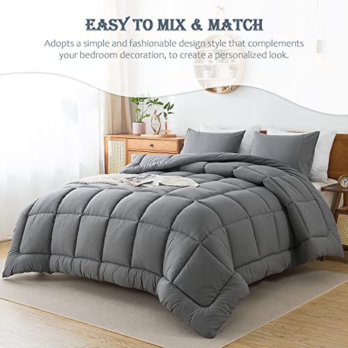 WhatsBedding Grey Comforter Set, Queen Lightweight Comforter Duvet Set for Summer,3 Pieces
