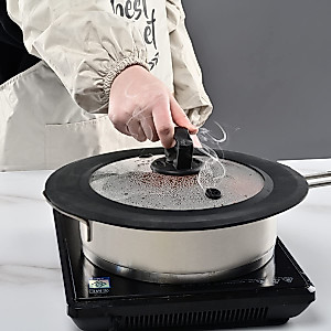 Microwave Splatter Cover Glass Cover Splatter Guard Lid Collapsible Silicone Cover Black Vented Tempered Glass Universal Lid for Pot Pan Skillet Heat Resistant Silicone Rim Lid Black