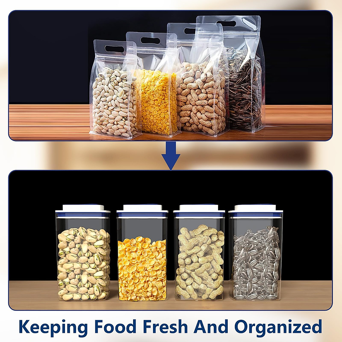 Bakpoco Airtight Food Storage Containers with Lid Vacuum Seal Storage Containers for Coffee Bean Cereal Snack, 2 Pack * 1.3 Qt Clear Leak-proof Kitchen and Pantry Organization Canisters