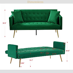 72"Modern Velvet Sofa Bed Futon,Convertible Folding Sleeper Bed Couches with 3 Adjustable Backrests,Tufted Recliner Love Seat with Golden Chrome Legs for Living Room Apartment Home Office (Green)