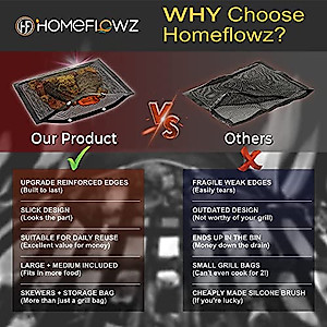 Homeflowz Mesh Grill Bags and Skewers - Extra Large 40x30cm + Medium BBQ Bags for Grill - Heat Resistant Non-Stick Reusable Grilling Bags - Easy to Clean - Use On All Outdoor Grills - Durable Design