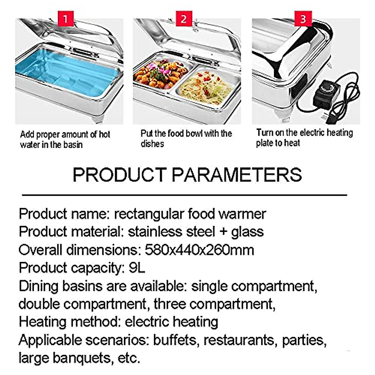Food Warmers for Parties Buffets Electric, Stainless Steel Buffet Server and Warming Tray, 9L, Chafing Dish Buffet Set - Adjustable Temperature + Hot Plate Electricgn 1/3