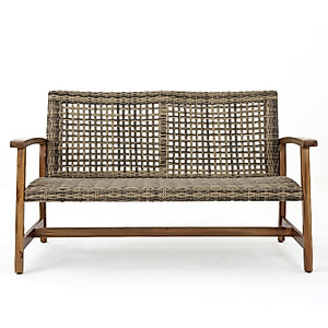 Christopher Knight Home Augusta Outdoor 5 Piece Acacia Wood and Wicker Chat Set with Fire Pit, 52.00 "W x 31 "D x 31.5 "H, Gray + Natural + Light Gray