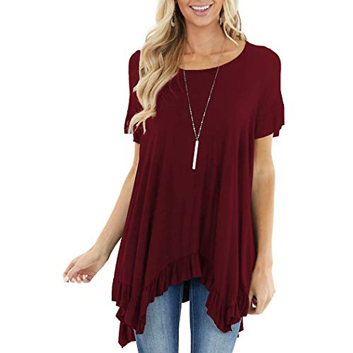 ETCYY NEW Plus Tunic Tops for Leggings for Women Ruffle Comfy Blouses Casual Shirts Ladies Summer Tops Wine