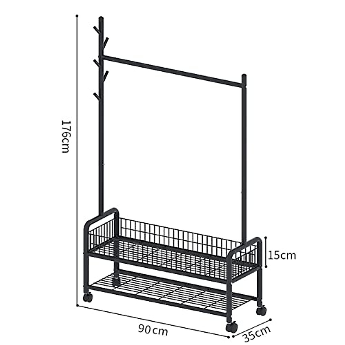 OTBK Rolling Metal Coat Rack Two Shelves Clothing Hooks Garment Rack Organizer with Wheels Bottom Shelves for Clothes Hats Bags (Color : Black)