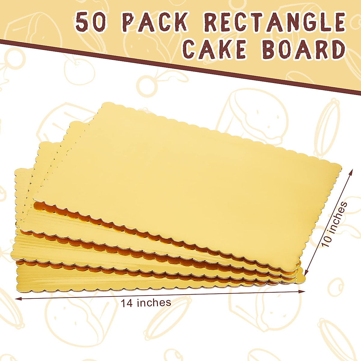 Crtiin 50 Pcs Rectangle Cake Board 14 x 10 Inches Scalloped Cake Boards Dessert Base Quarter Sheet Rectangular Cake Base for Pizza, Pastries Food Trays Greaseproof Pad (Gold)