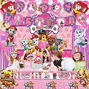 402PCS Paw Dog Birthday Decorations Party Supplies Serves 20 Guests Include Cake Toppers,Balloons,Banners,Plates,Cupcake Toppers,Movie Theme Birthday Party Supplies for Kids Boys Girls