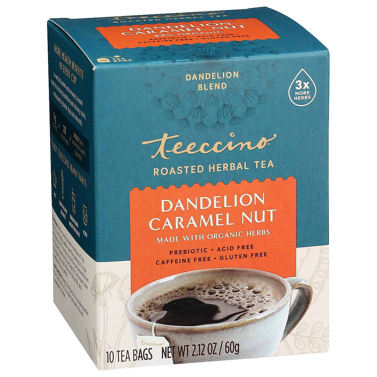 Teeccino Dandelion Caramel Nut Tea - Caffeine Free, Roasted Herbal Tea with Prebiotics, 3x More Herbs than Regular Tea Bags, Gluten Free - 10 Tea Bags